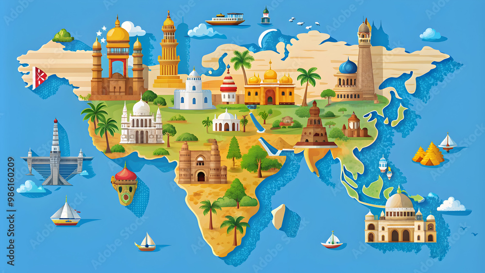 Illustrated map showcasing iconic landmarks and travel destinations in ...