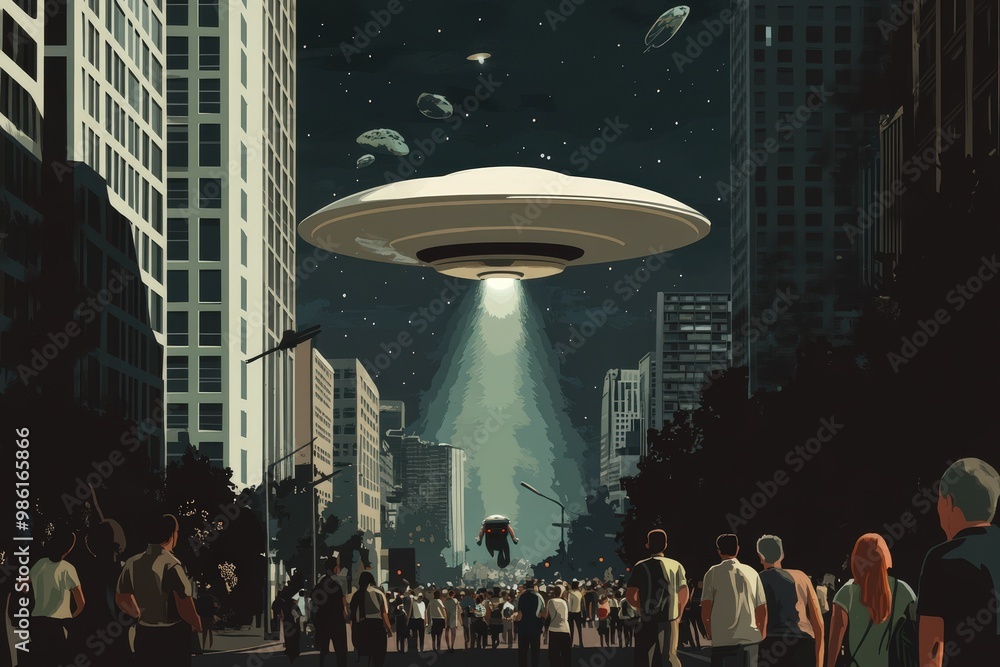 Man Witnessing UFO Invasion at Night in Mysterious Landscape, Alien ...