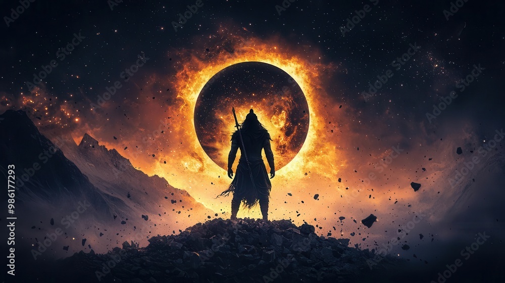 Shiva as the destroyer of worlds, standing on a crumbling planet, stars ...