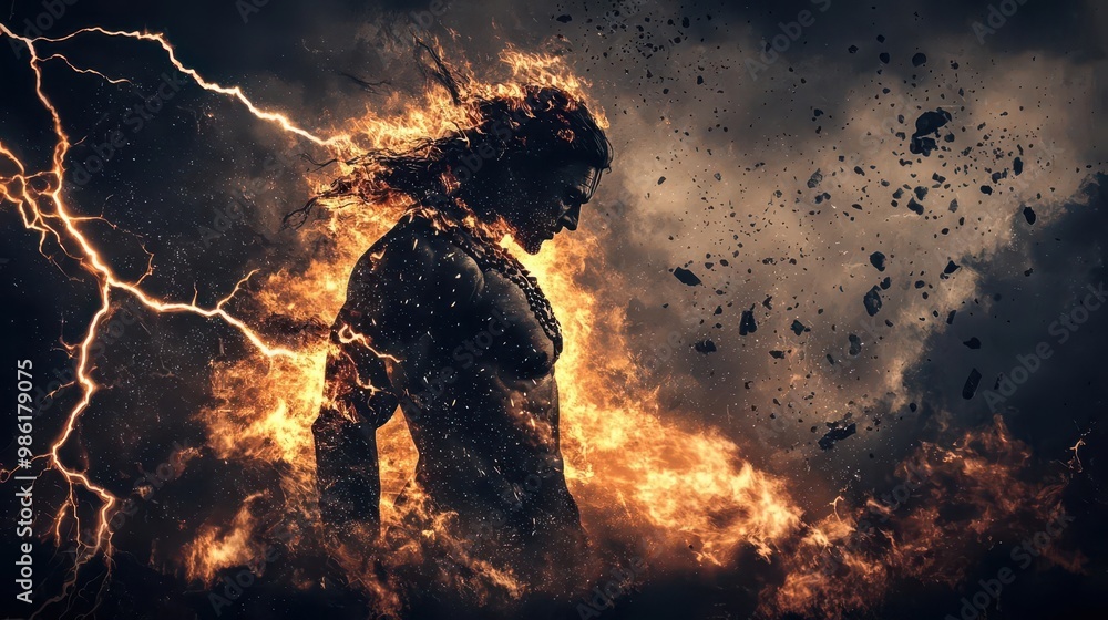 Shiva in his Rudra form, standing amidst a storm of fire and lightning ...