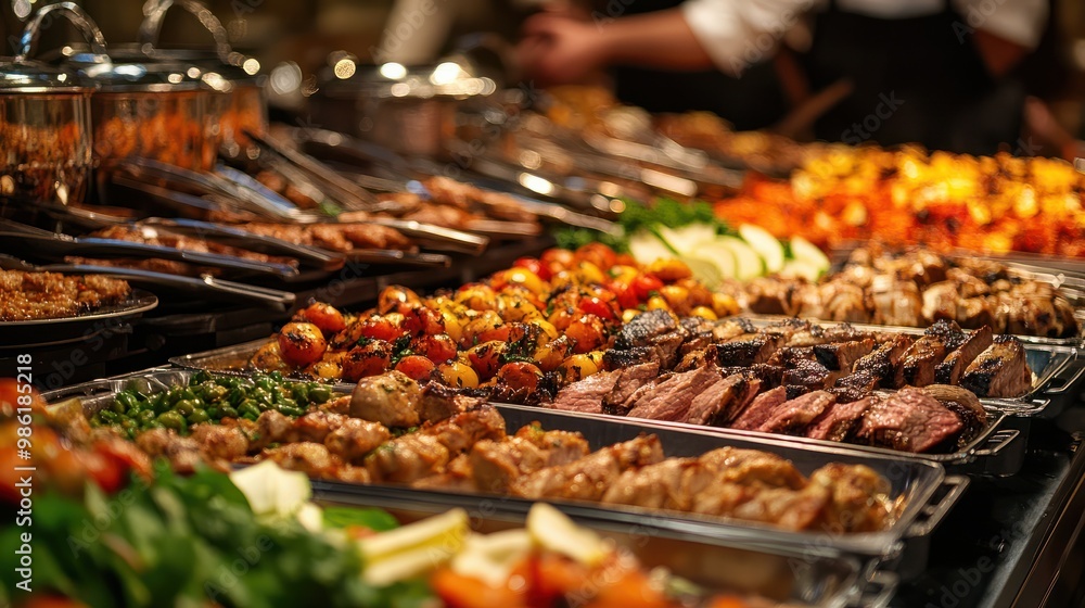 Grilled meat and vegetables, Food on a buffet table at the hotel, Group ...
