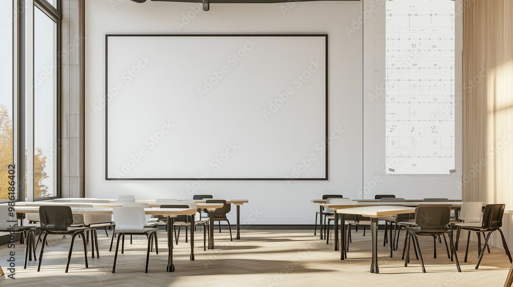 Spacious classroom with minimalist furniture, a blank poster on the ...