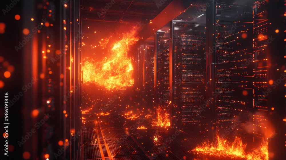 Intense flames are spreading through data center, illuminating dark ...