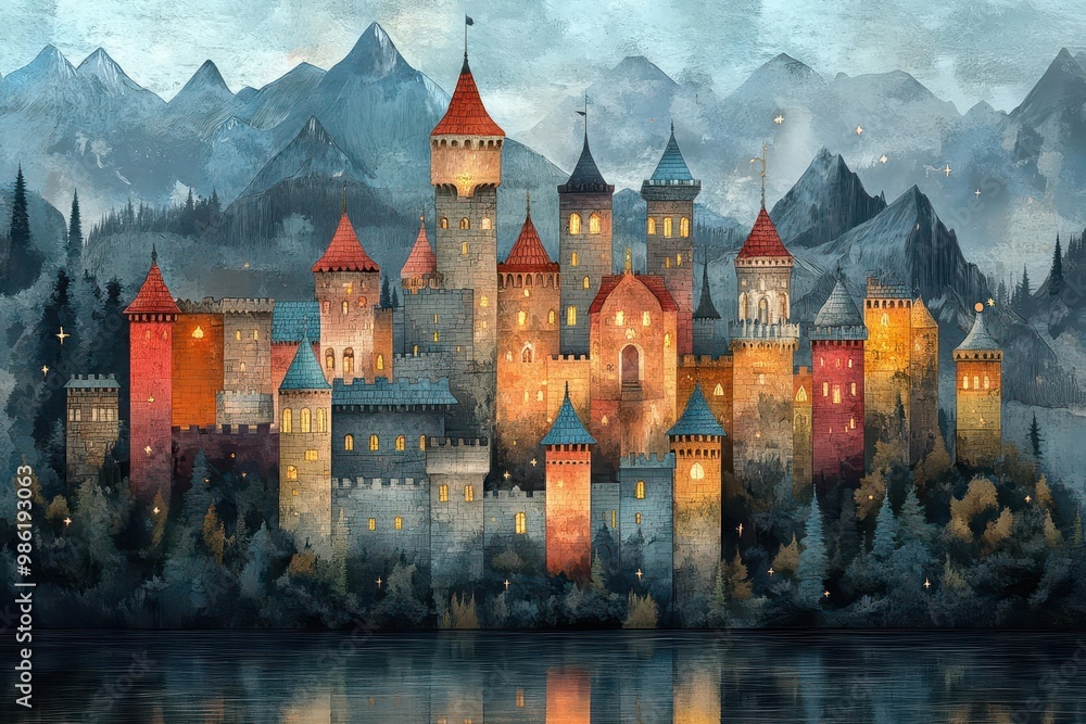whimsical fairy tale castle illustration pastel color palette floating ...