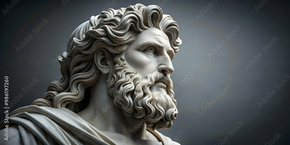 Marble statue of Zeus against grey background, Greek mythology ...