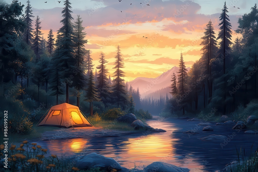 whimsical illustration of riverside campsite stylized forest cheerful ...