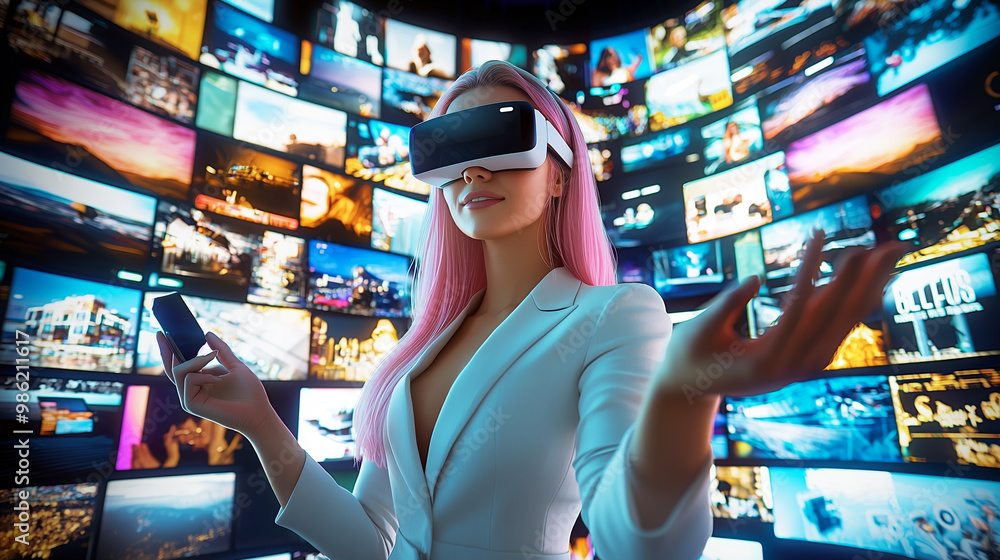 Woman giving a streaming presentation using augmented reality viewer in ...