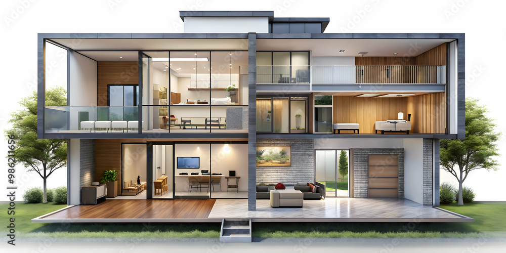 Architectural rendering of modern house with cutaway view showing ...