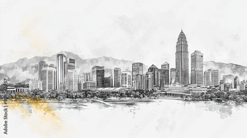 Ipoh, Malaysia, black and white pen pencil hand-drawn effect drawing ...