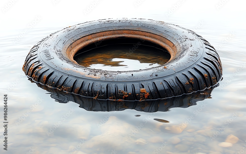 Car tire floating in polluted water, isolated on white background, clip ...