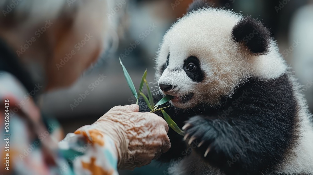 An image capturing an elderly person feeding a playful baby panda with ...