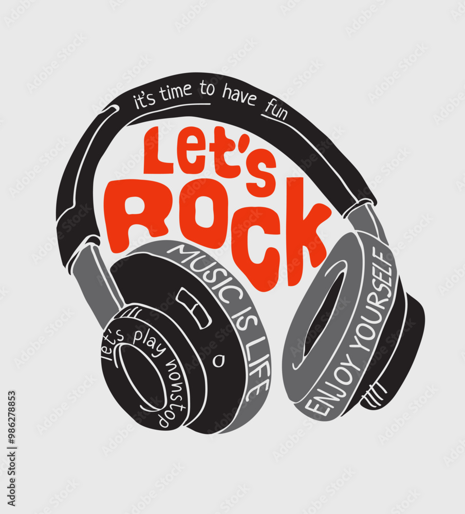 let's rock slogan in cartoon headphone vector illustration for kids ...