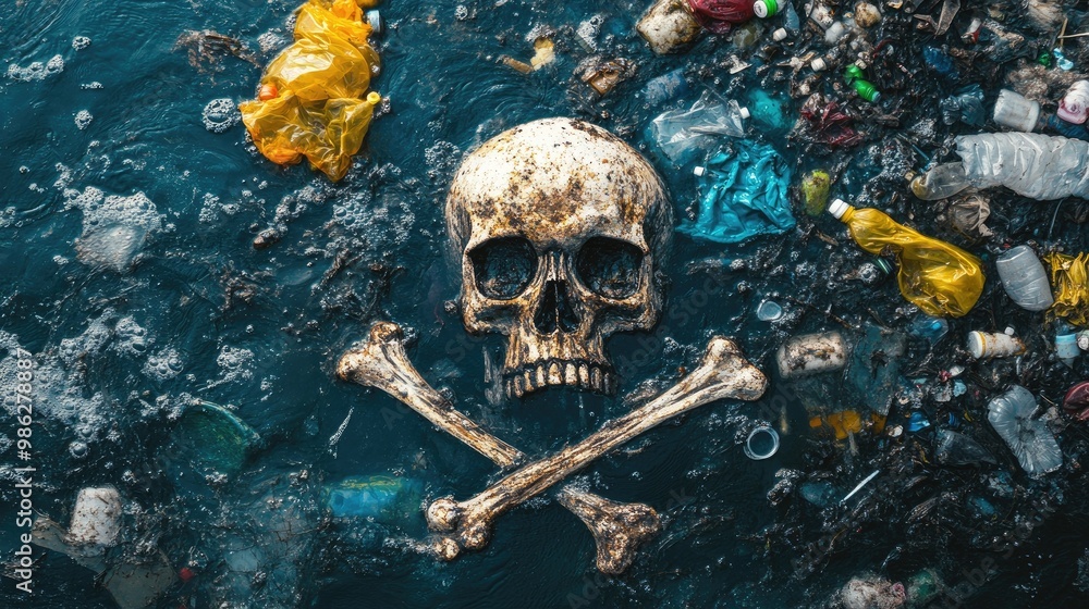 Stock-Illustration „Polluted ocean with a skull and crossbones ...
