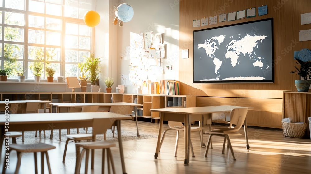 Classroom with interactive world map on the wall, global education ...