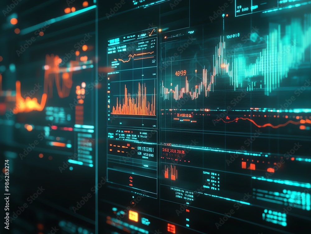 Digital dashboard showing complex data visualizations, graphs, and ...