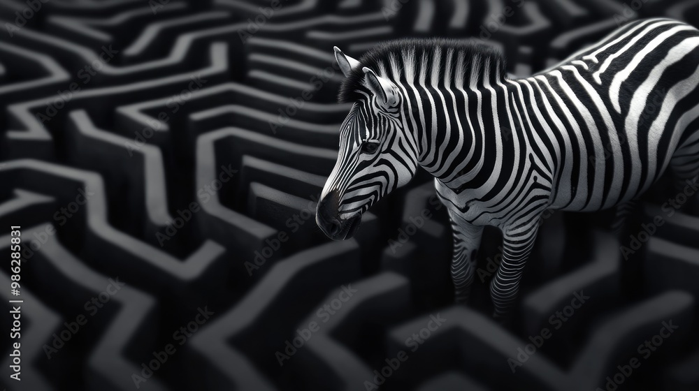 Zebra wandering in a black and white labyrinth, representing contrast ...
