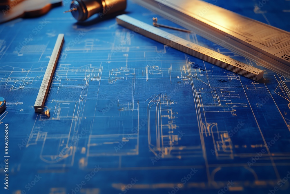 Detailed architectural blueprint with drawing tools on a work surface ...