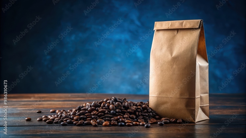 Dark blue coffee paper bag packaging mockup with spilled coffee beans ...