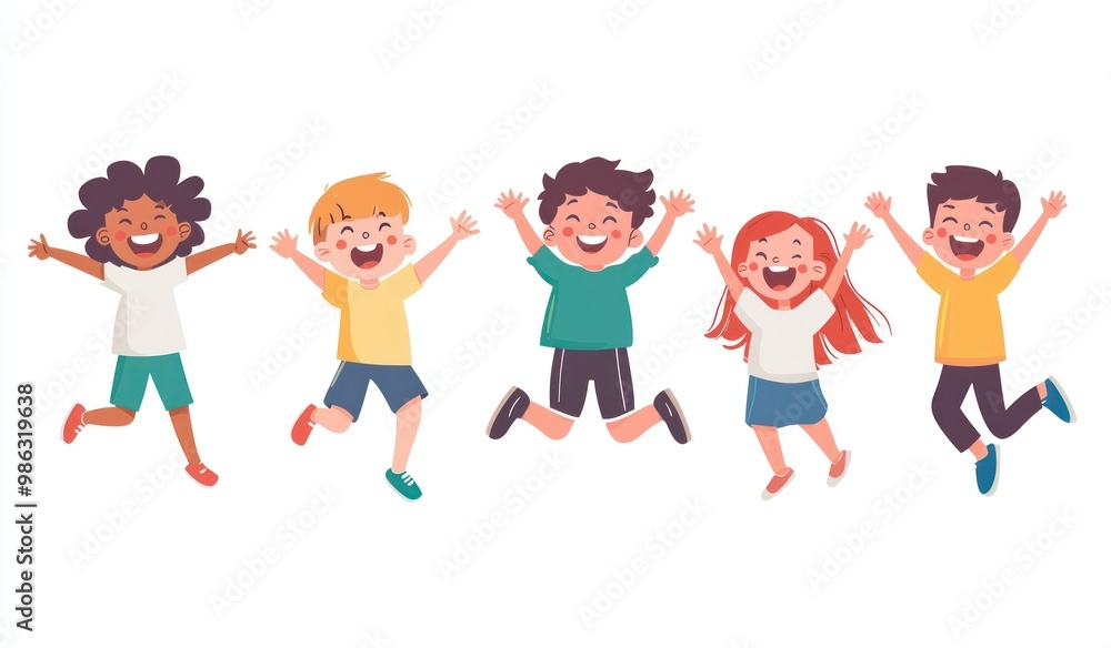 Group of children jumping and laughing together on a white background ...
