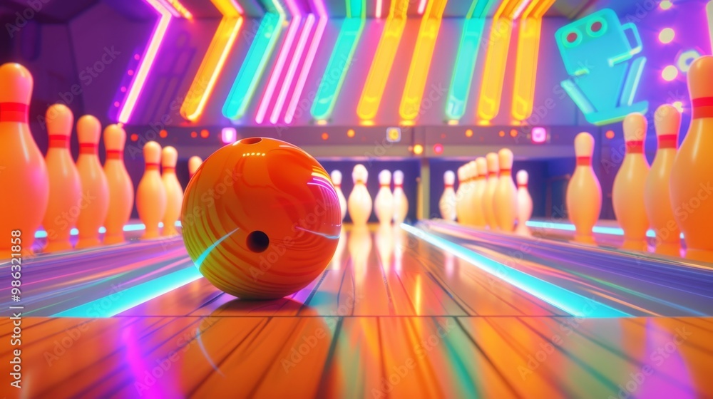 Bright cartoon of a bowling ball in a bowling alley smashing pins Stock ...