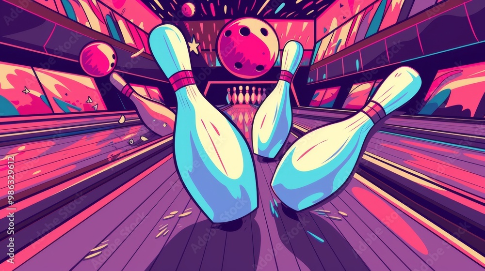 Bright cartoon of a bowling ball in a bowling alley smashing pins Stock ...