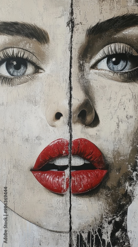 Artistic portrait of a woman's face with bright red lips and textured ...