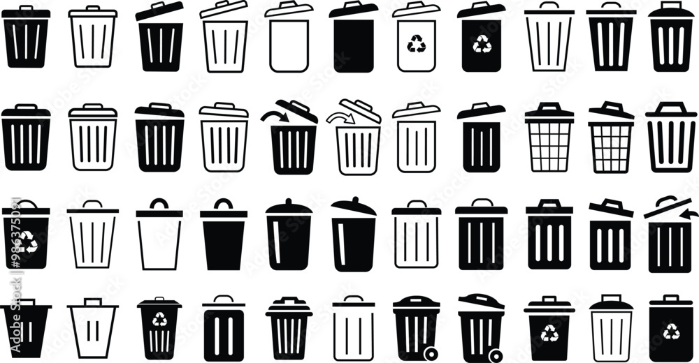Trash bin icons set. Black vectors trash dustbin signs elements ...