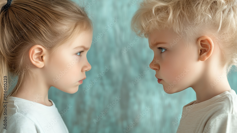 Two young kids facing each other, showing concentration and ...