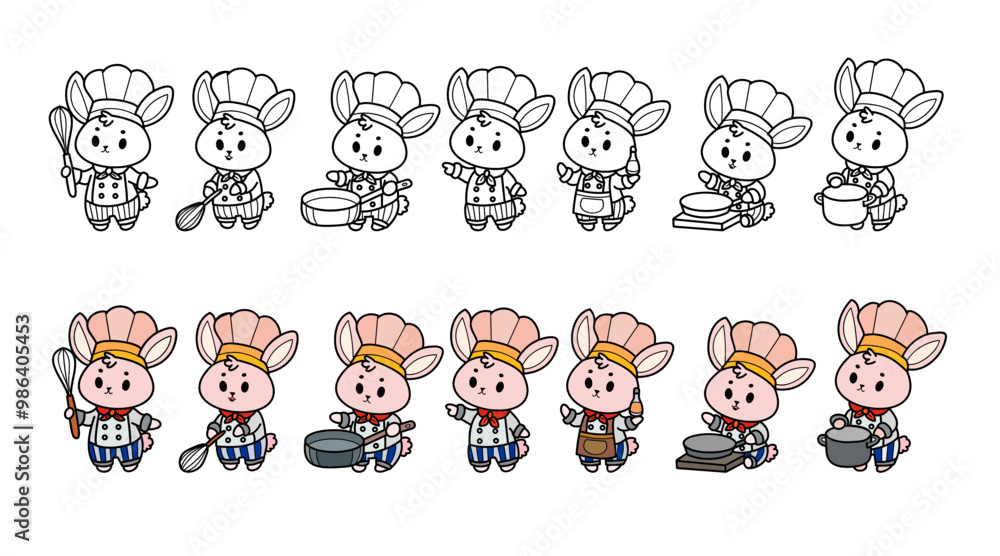 Bunny chefs cooking in various poses with kitchen utensils, cute ...