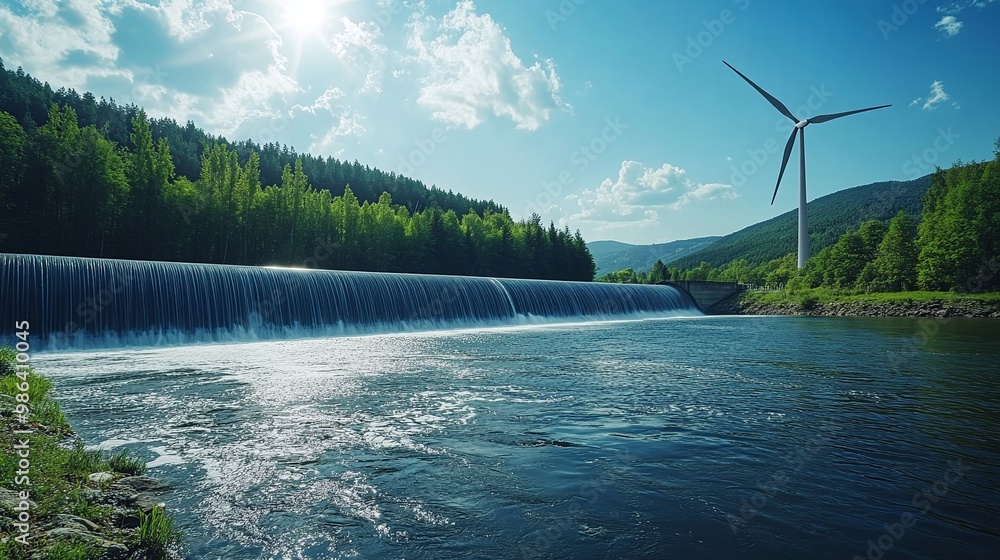 hydroelectric dam and wind turbine working together, with electric ...