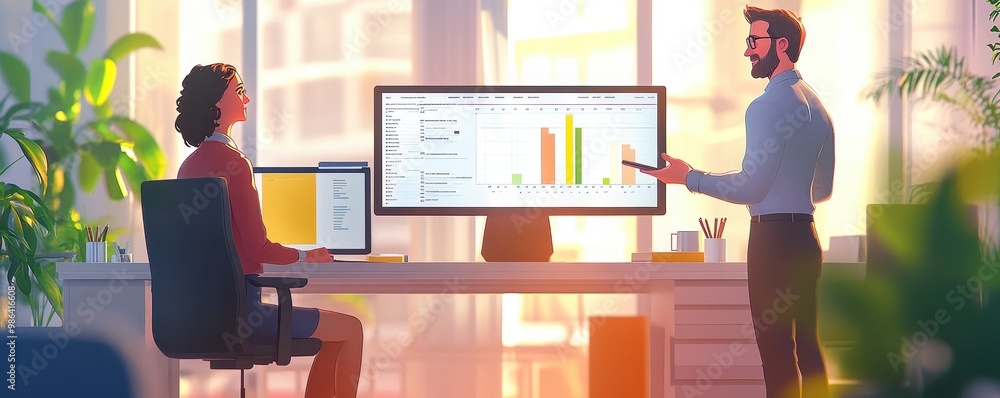 Cartoon managers reviewing performance charts and spreadsheets in an ...