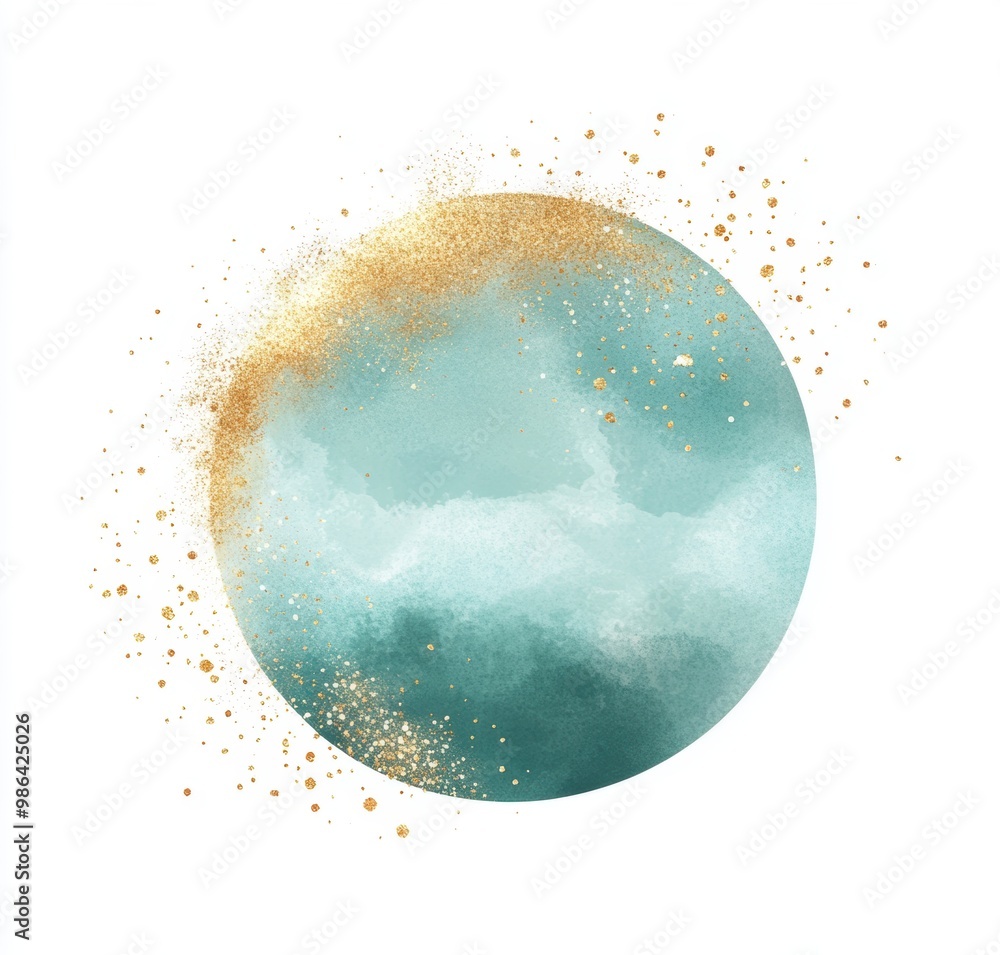 Logo with a pale green and gold color palette, a circle with a white ...