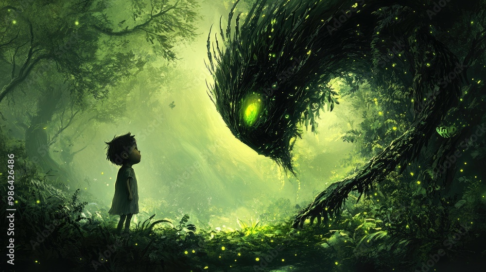 A menacing alien beast with glowing eyes and spiky green skin looms ...