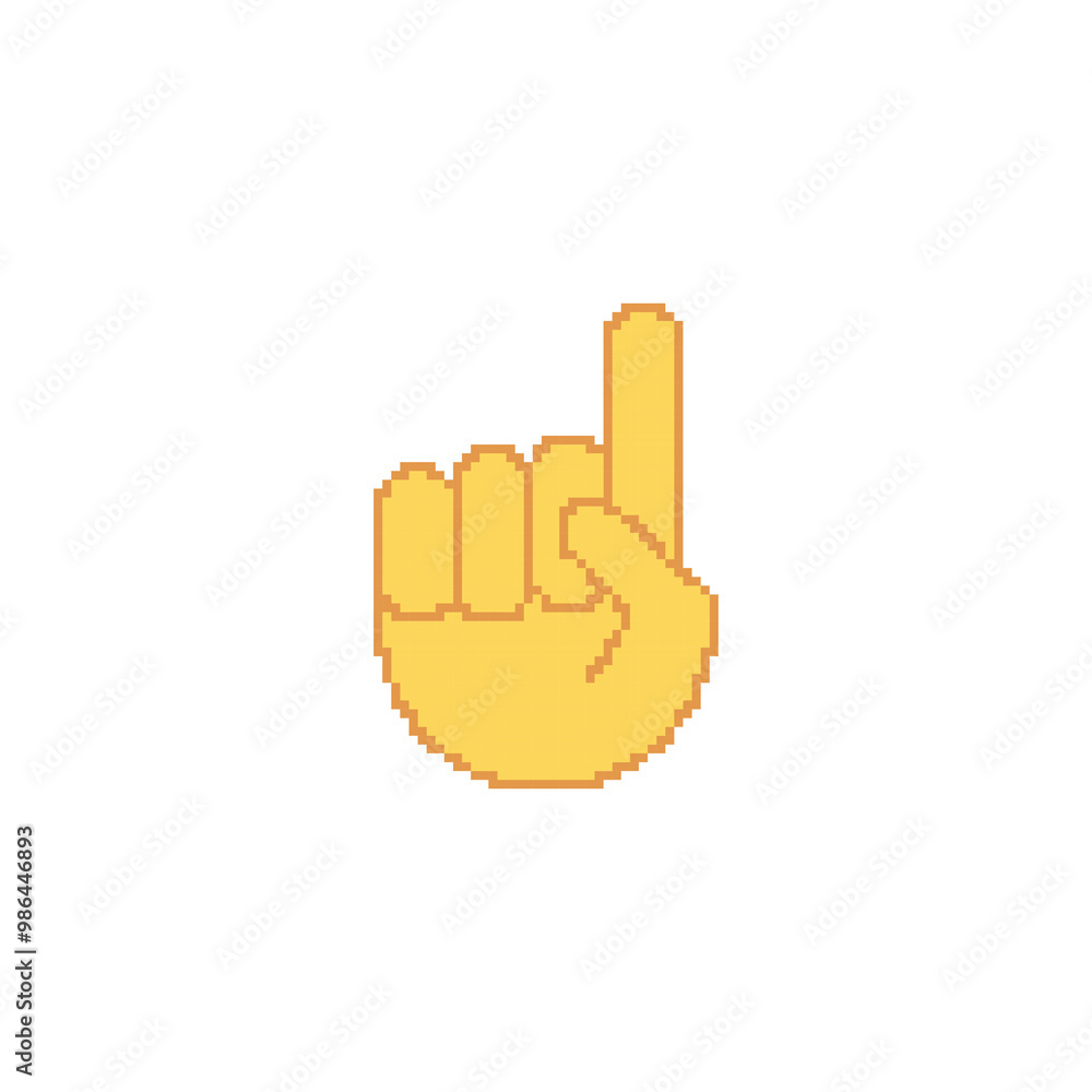 Pixelated pointing hand illustration. Simple pixel art yellow hand with the index finger ...