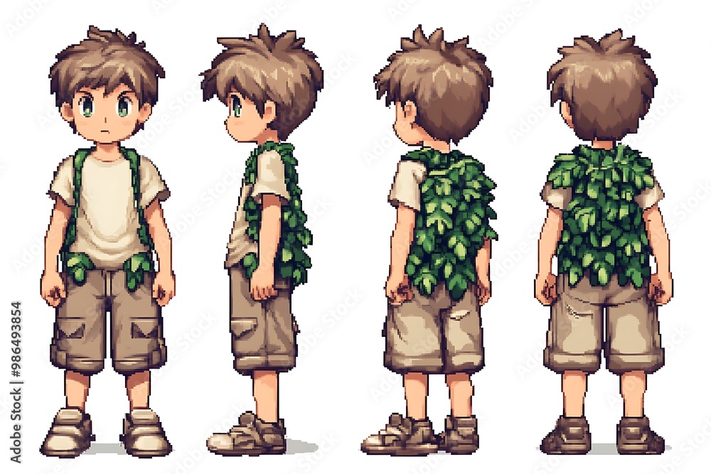 Cartoon boy character sprite sheet with front, side and back views wearing leafy camouflage 素材庫 ...