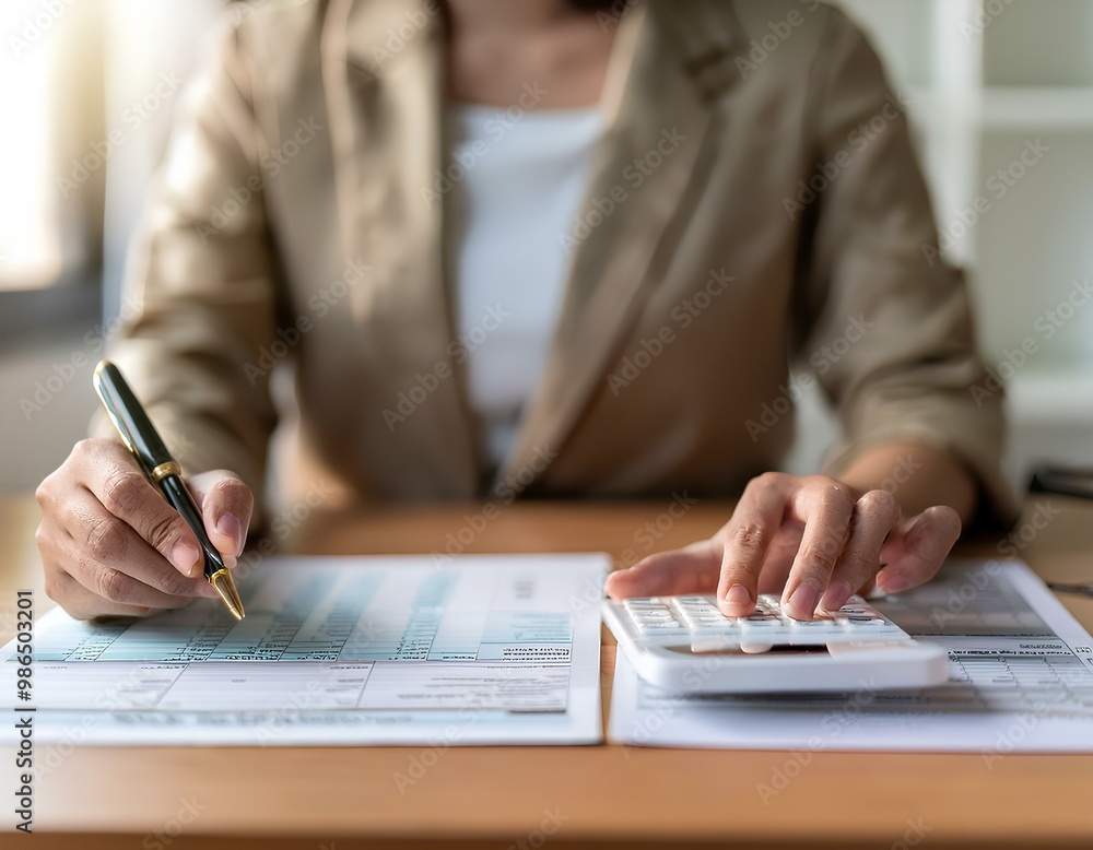 Deduction planning concept. Asian young woman hand using calculator to ...