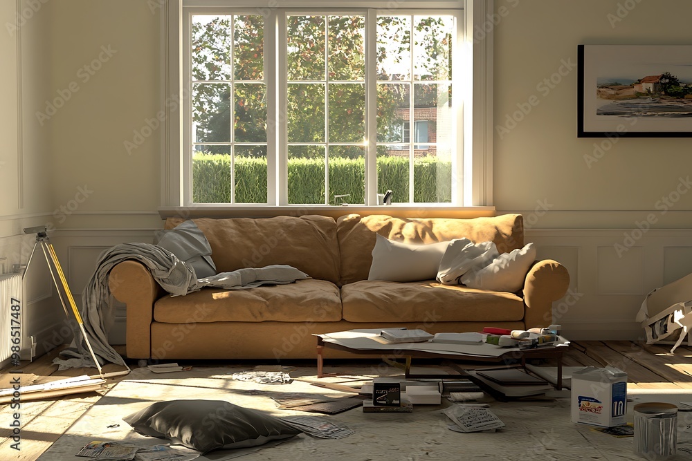 Messy living room with sofa, coffee table, and scattered items. Concept ...
