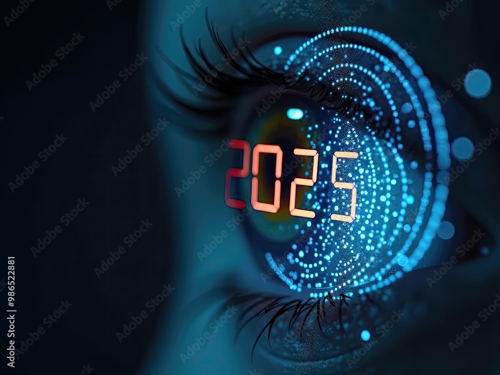 Futuristic close-up of an eye with digital 2025 and blue holographic interface. Depicts advanced ...