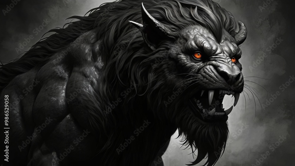 In the darkness, a sleek and enigmatic manticore stalks, its obsidian ...