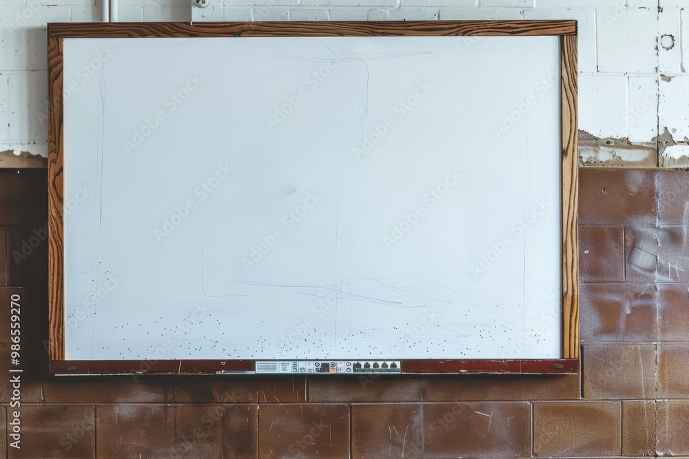 Empty whiteboard in a classroom setting with peeling wall paint and ...