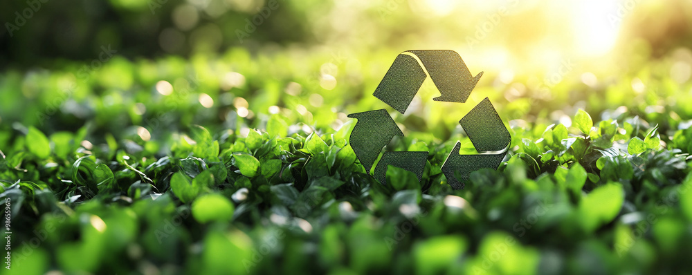 Recycle arrow symbol on green plants background. Green energy with eco ...