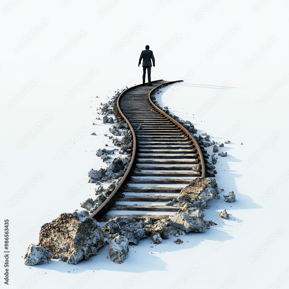 Silhouette of a man standing on a broken railroad track, symbolizing ...