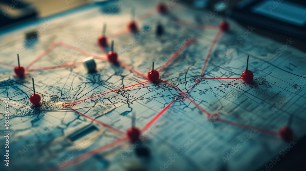 Close up shot of investigation board. Detective board with map of crime ...