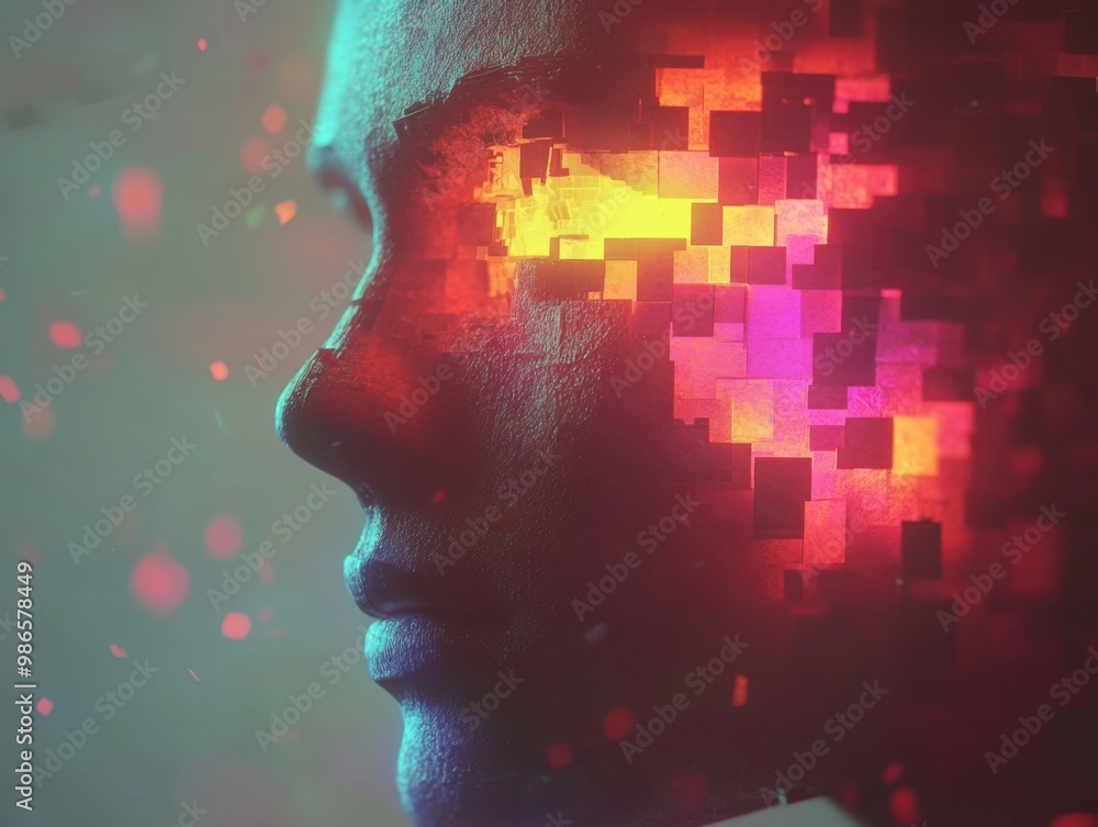 Digital pixel art overlay on person's face creating vibrant futuristic ...