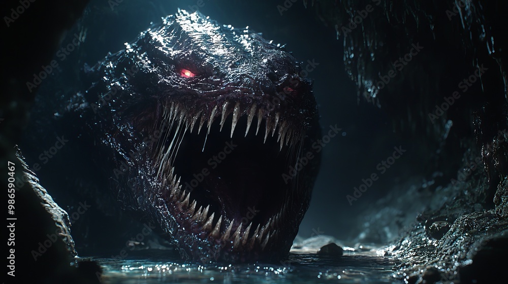 Sinister 3D Rendering of Monstrous Creature with Glowing Teeth Lurking ...