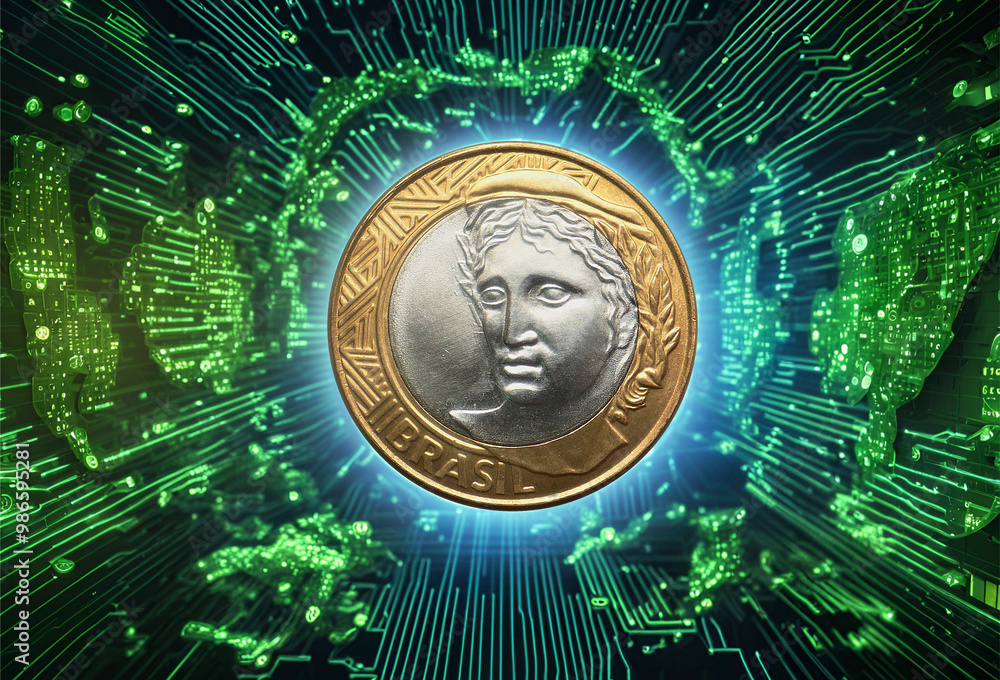 Moeda de 1 Real em um fundo de Transação Virtual do Real Digital. Stock ...