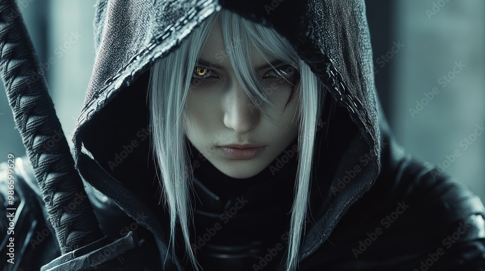 Woman asian assassin medieval warrior knight white hair wearing a hood ...