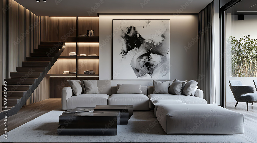 Functional second floor with practical furniture elegant wall art and a ...