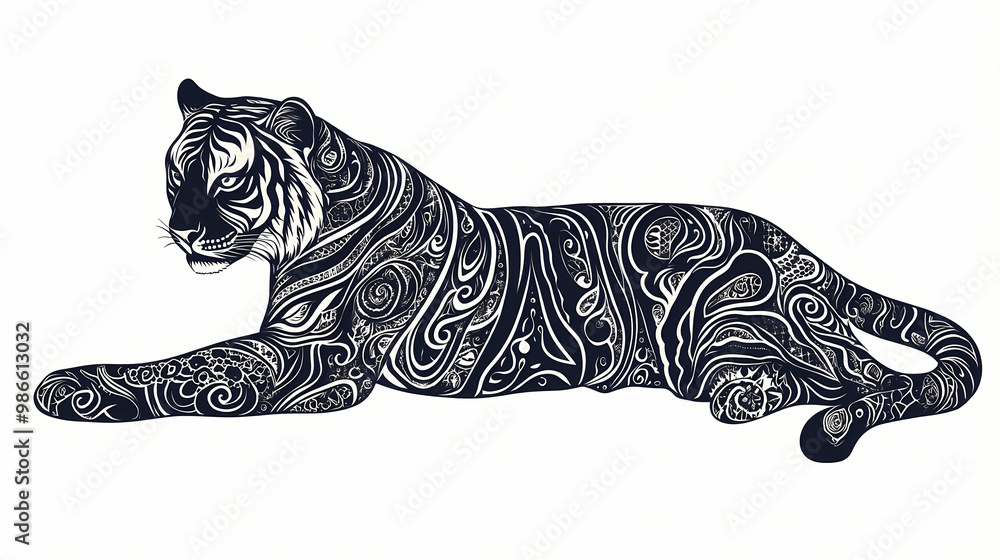 Isolated image of a tiger in zentangle patterns on a white background ...