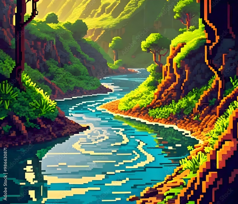 Pixel Art Scene of a Vibrant River Landscape Stock Illustration | Adobe ...
